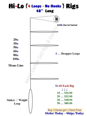 Hi-Lo ( No Hook / 4 Loops ) Fishing Rigs Striper Blackfish Porgies ...