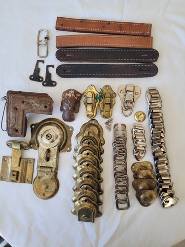 VINTAGE 89 PCS STEAMER TRUNK REPLACEMENT HARDWARE LOCKS CORNERS LEATHER ...