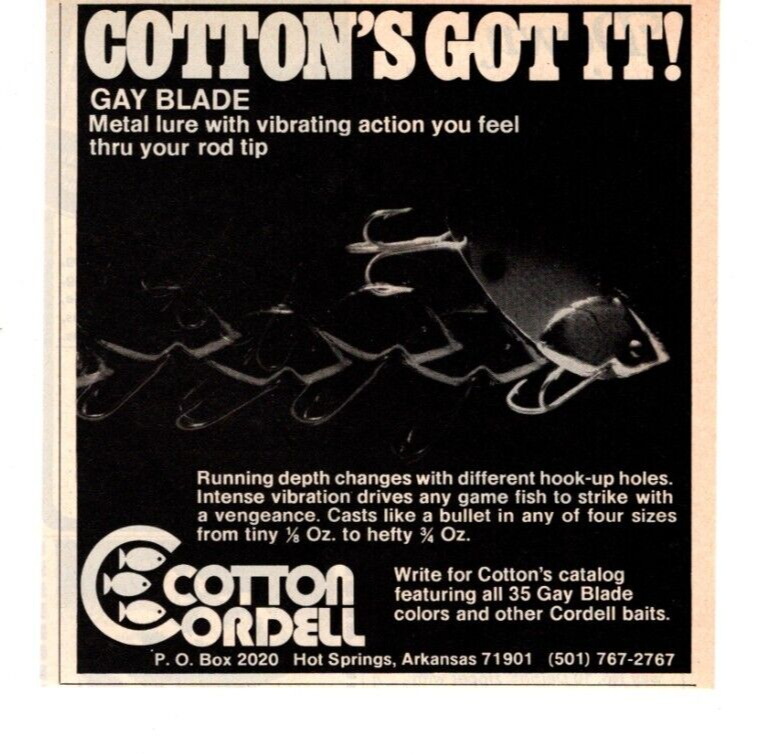 1975 COTTON CORDELL "GAY BLADE" FISHING LURE PRINT AD, VTG FISHING ...
