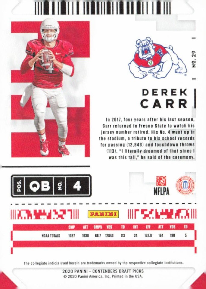 2020 Panini Contenders Draft Picks #29 Derek Carr | eBay