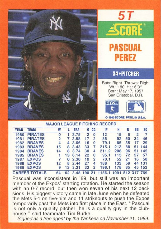 1990 Score Rookie & Traded #5T Pascual Perez New York Yankees | eBay