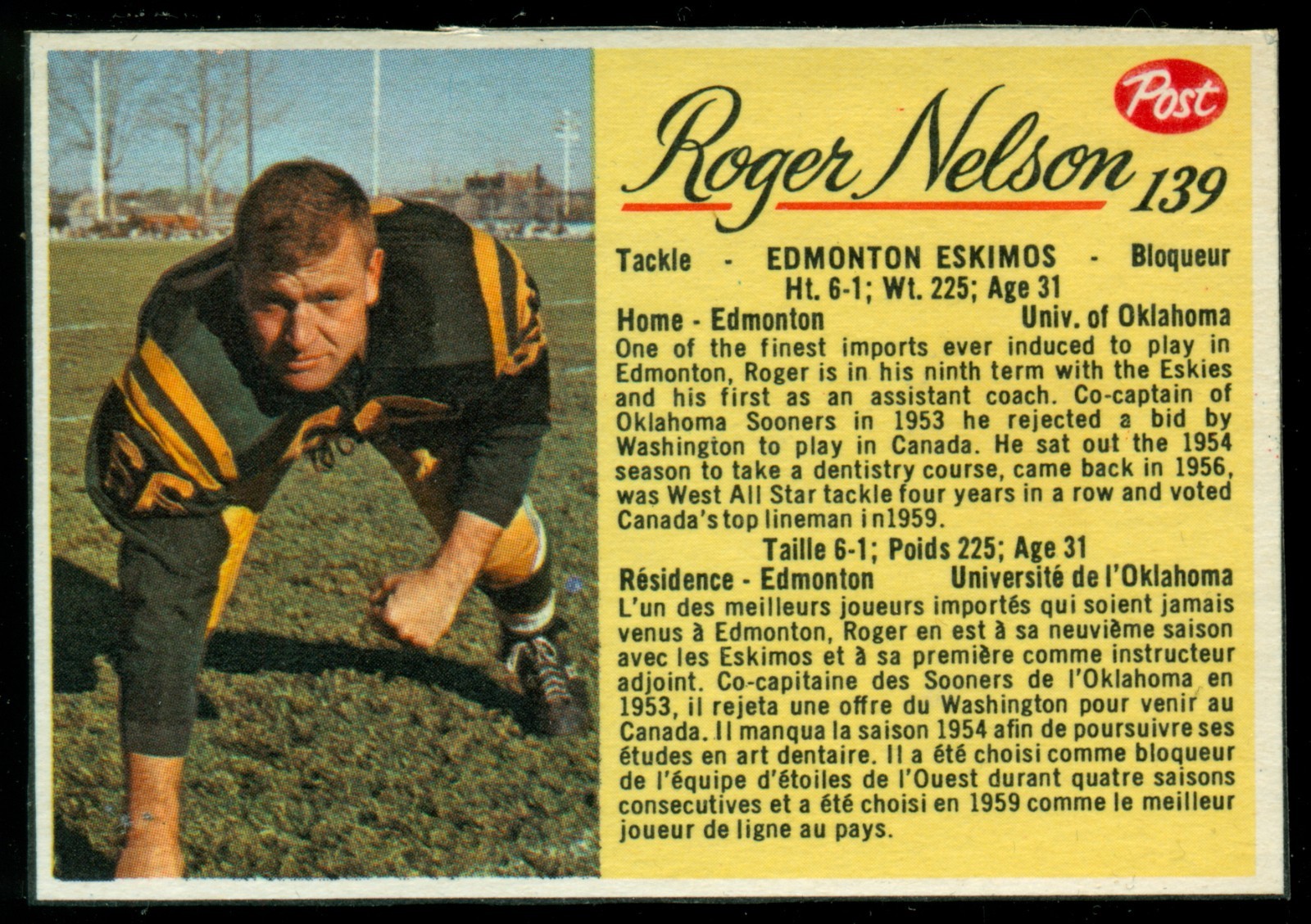 1963 POST CFL FOOTBALL #139 Roger Nelson EX-NM EDMONTON ESKIMOS Univ of ...