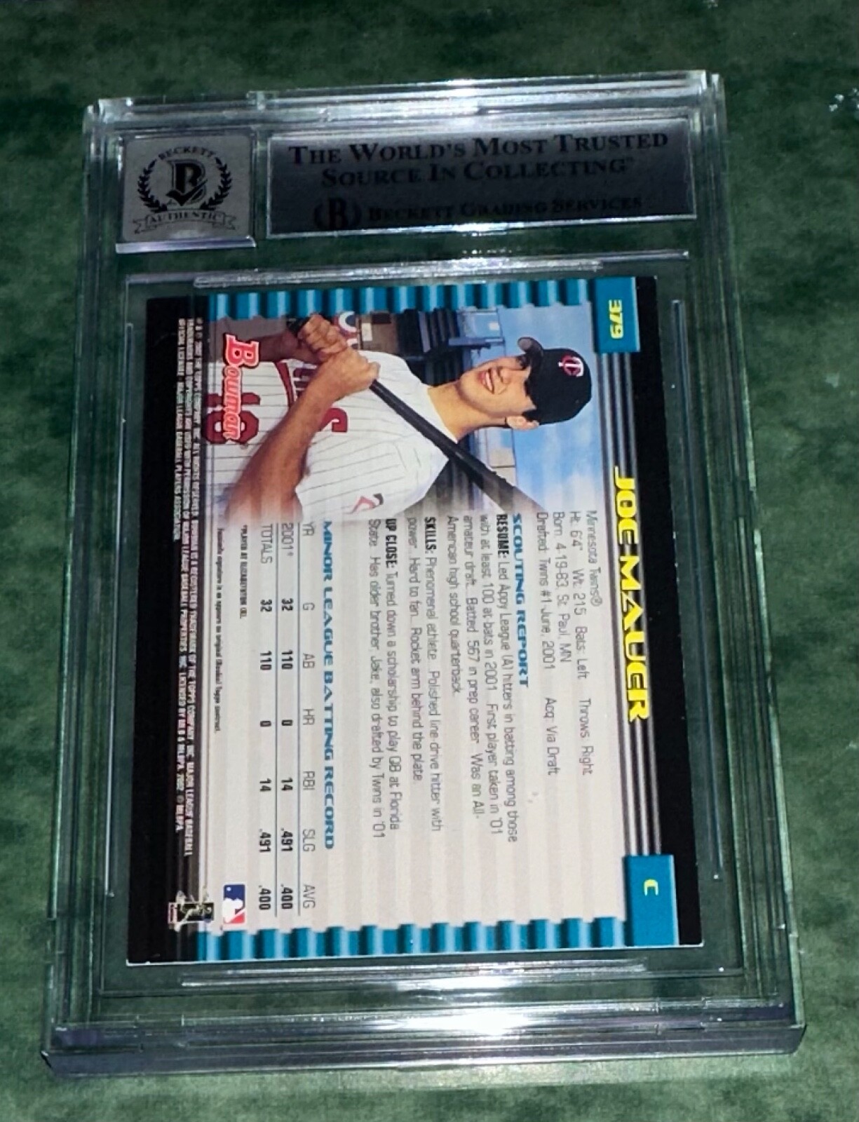 JOE MAUER SIGNED ROOKIE CARD 2002 BOWMAN CARD BECKETT AUTHENTIC BAS 10 ...
