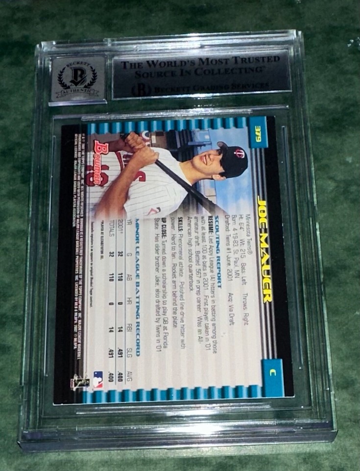 JOE MAUER SIGNED ROOKIE CARD 2002 BOWMAN CARD BECKETT AUTHENTIC BAS 10 ...