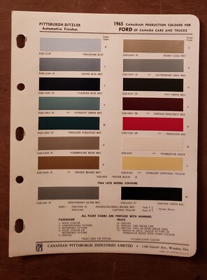 1965 Ford Passenger & Commercial Auto Color Chips Chart Paint Codes ...