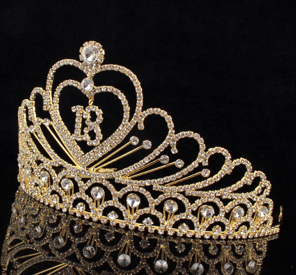 EIGHTEEN YEARS OLD 18 BIRTHDAY PARTY RHINESTONE HAIR TIARA CROWN GOLD ...