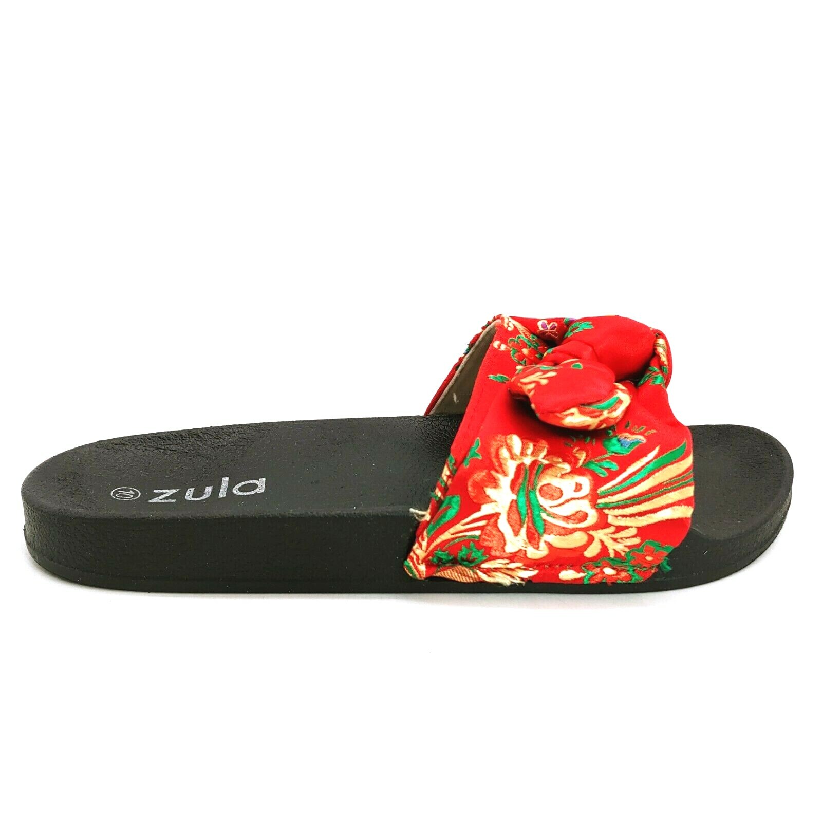 Zula Womans Red Floral Knot Slide Sandal Fabric Upper Molded Footbed Sz ...