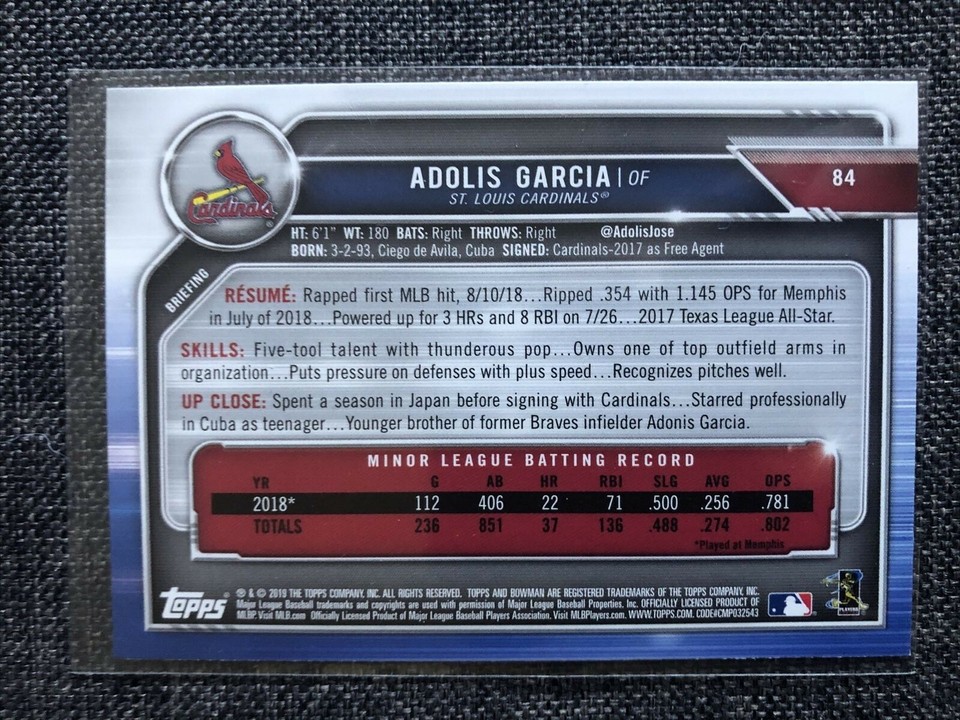 Adolis Garcia 2019 Bowman Rookie Card RC. St. Louis Cardinals. Texas ...