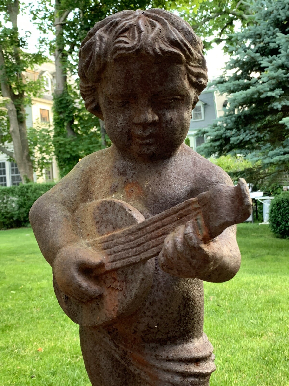 RARE ANTIQUE 100lb CAST IRON BOY PLAYING MANDOLIN LAWN GARDEN STATUE ...