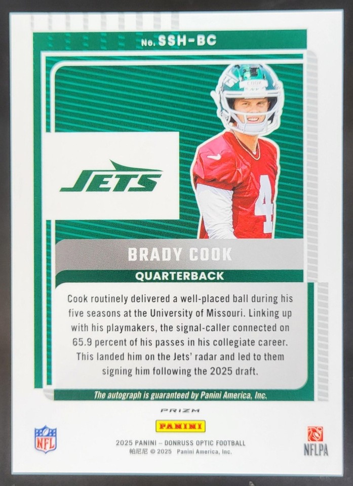 2025 Panini Donruss Optic Brady Cook Signature RC Auto New York Jets KH ...