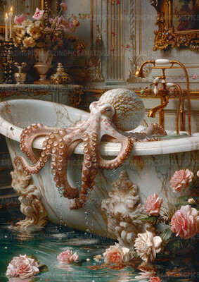 Octopus Bathroom Art Print, Whimsical Sea Creature Decor, Rococo ...