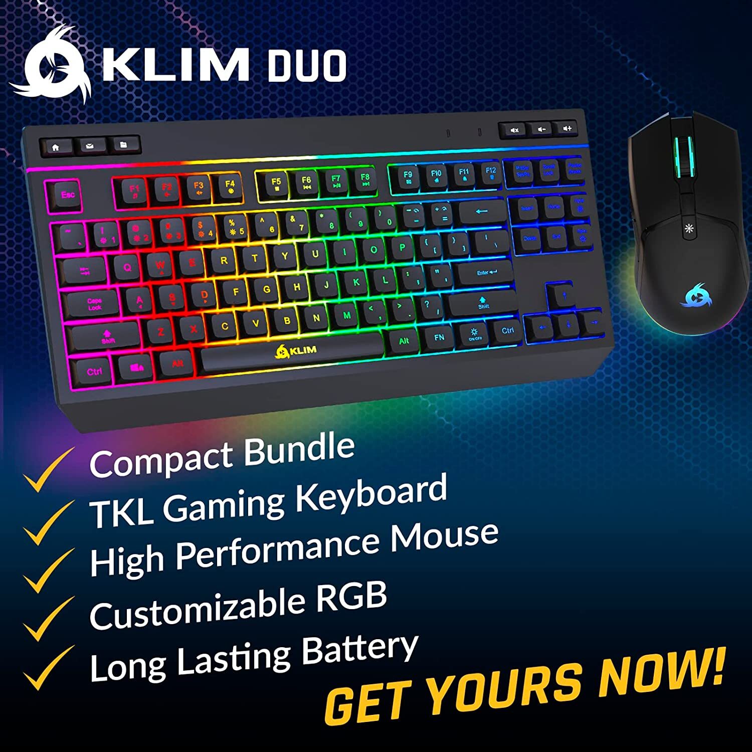 KLIM Duo Wireless Gaming TKL Keyboard & Mouse Combo, RGB & Rechargeable ...