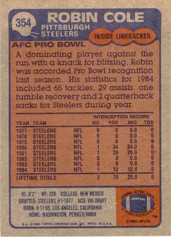 1985 TOPPS ROBIN COLE PITTSBURGH STEELERS. #354 | eBay
