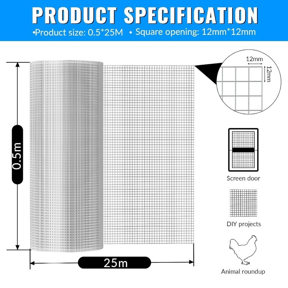 0.5Mx25M,12mm Holes, Galvanized Welded Wire Mesh Roll | eBay UK