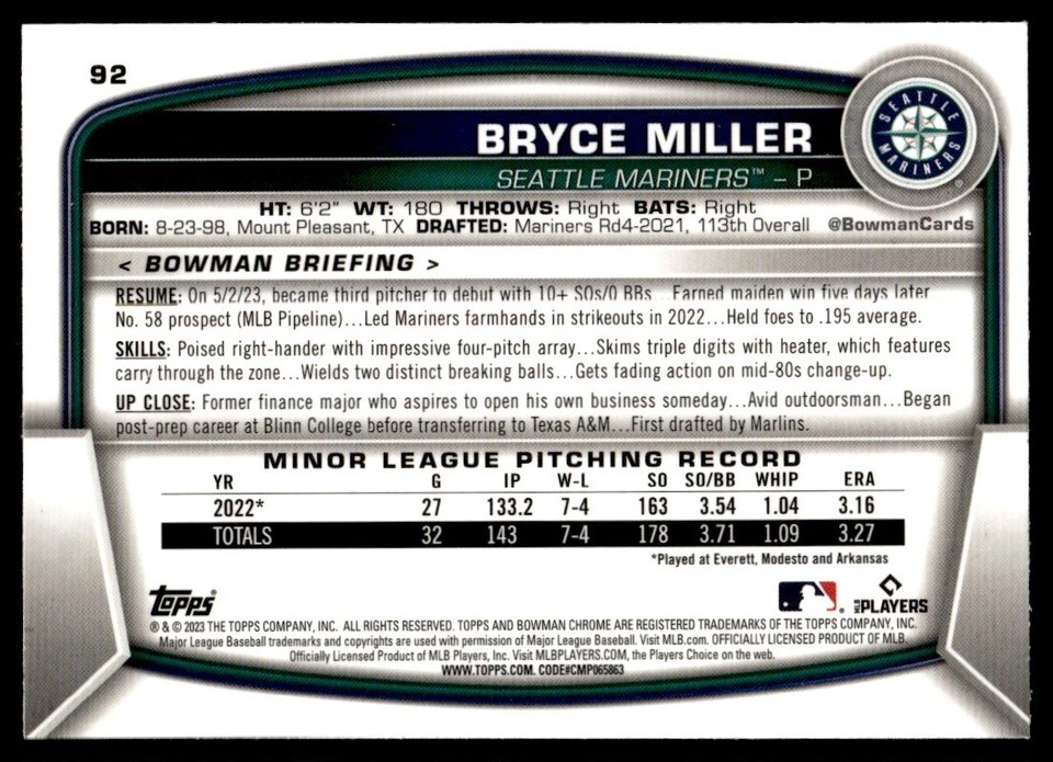 2023 Bowman Chrome Bryce Miller Rookie G5 Seattle Mariners #92 | eBay