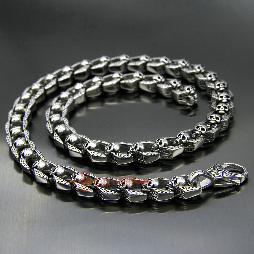 Men's Retro Skull Link Necklace Heavy Silver Stainless Steel Chain ...