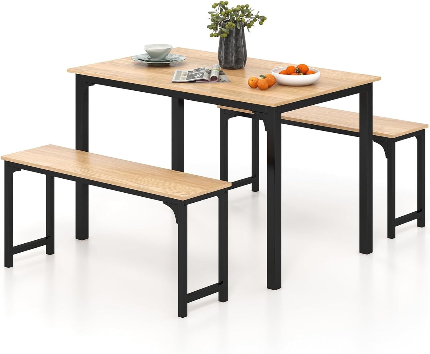 Dining Table Set with Two Benches, 3-Piece Rectangular Kitchen/Dining ...