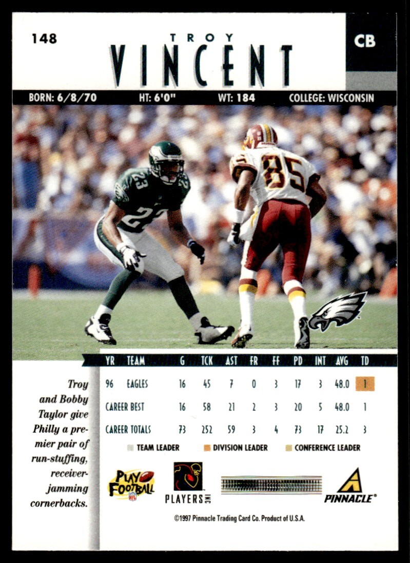 1997 Pinnacle Troy Vincent Philadelphia Eagles #148 | eBay
