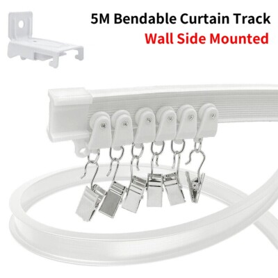 5M Bendable Curtain Track Room Wall Side Mounted Rail Gliders Clips Set ...