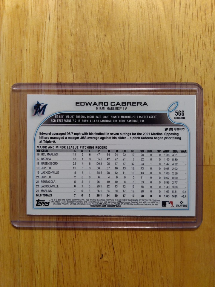 2022 Topps Series Two Edward Cabrera #566 Rookie Card (RC) - Miami ...