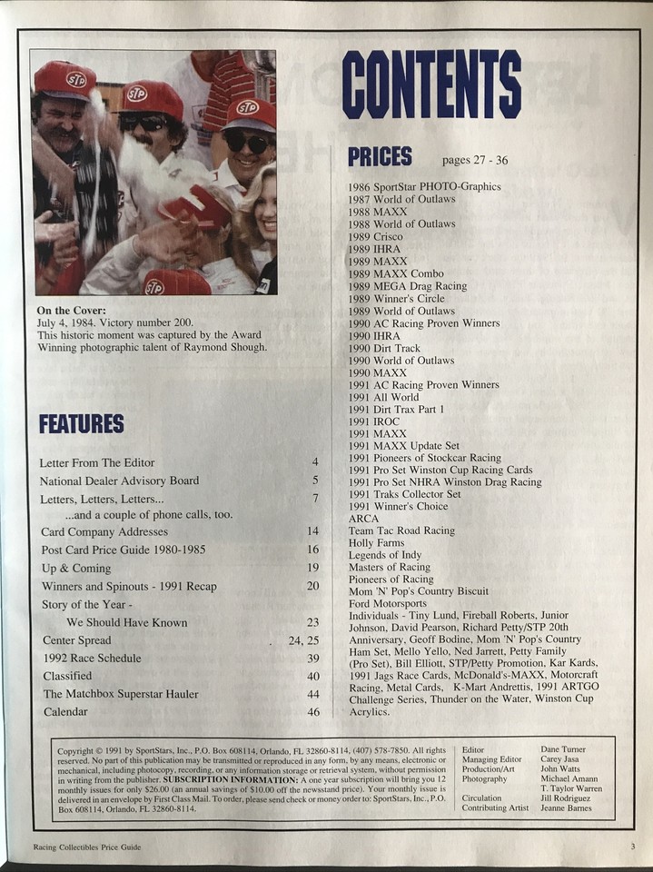 RACING COLLECTIBLES PRICE GUIDE MAGAZINE-JANUARY 1992-VOL 3 No. 1 ...