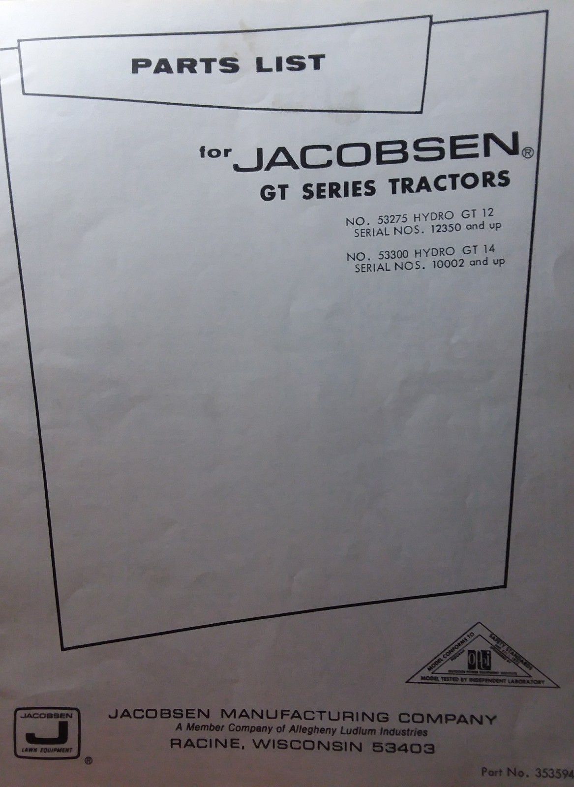 Jacobsen 53275 53300 GT 12 14 Lawn Garden Tractor Parts Manual ...