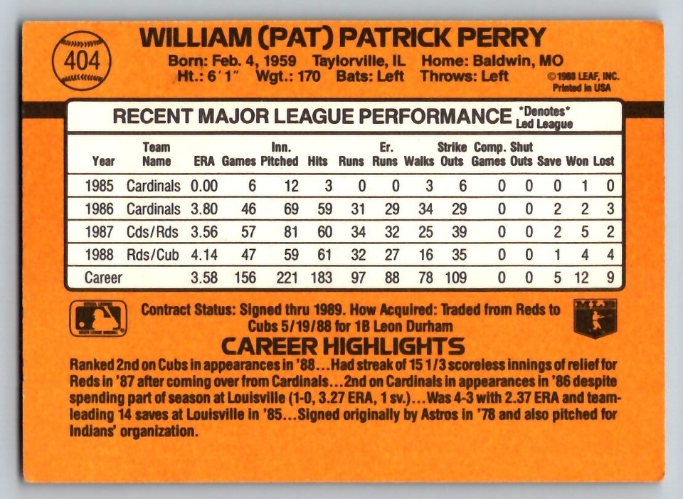 1989 DONRUSS PAT PERRY CHICAGO CUBS #404 | eBay