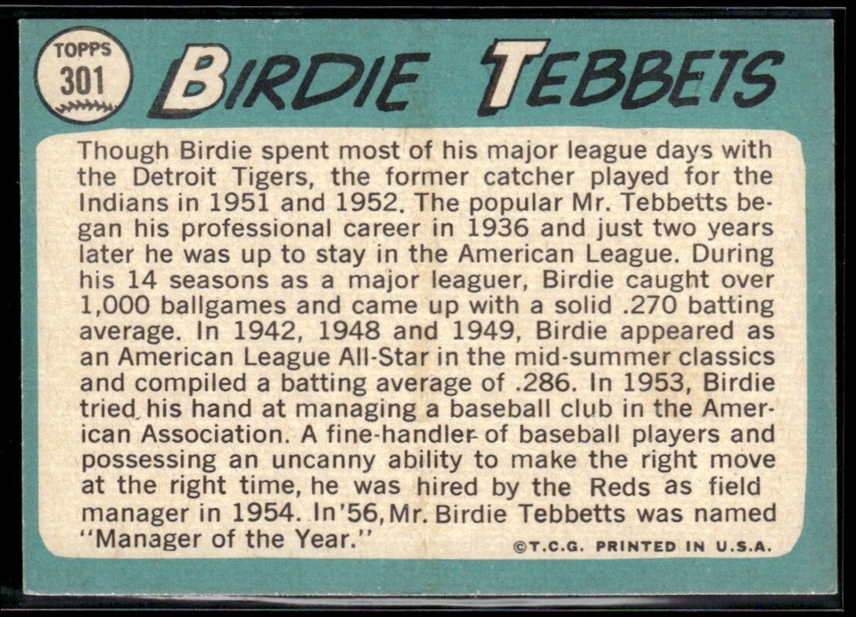 1965 Topps Baseball Birdie Tebbetts Cleveland Indians #301 | eBay