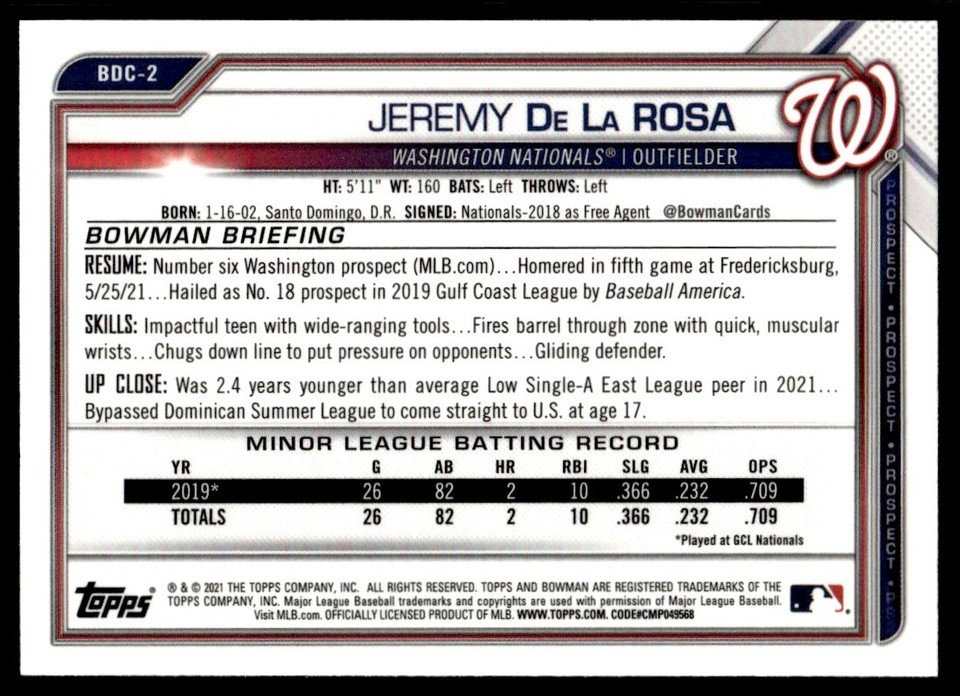 2021 Bowman Draft Chrome Jeremy De La Rosa G155 Washington Nationals # ...