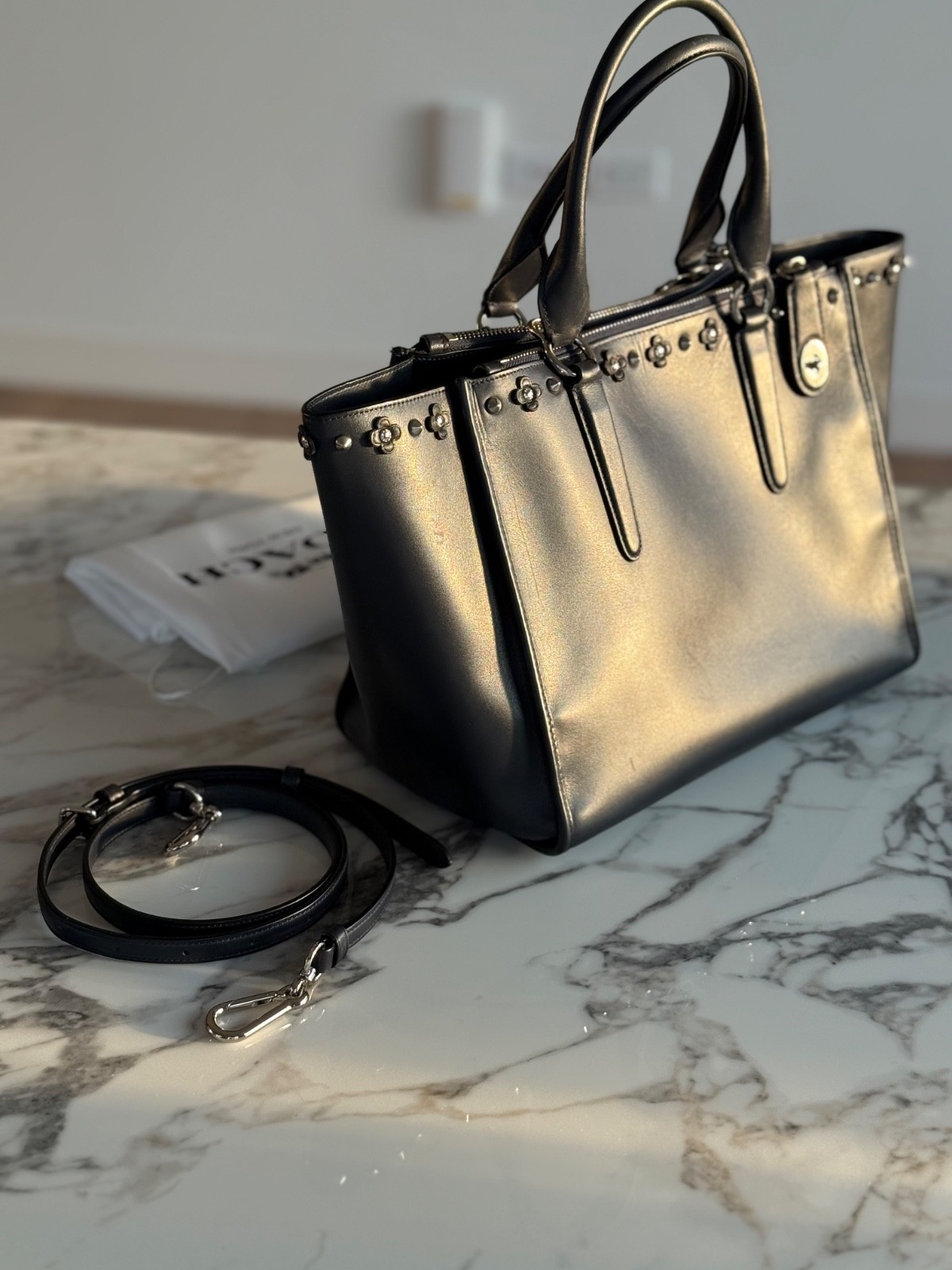 COACH Crosby Carryall with Floral Rivets | Navy Leather | Top Handle ...