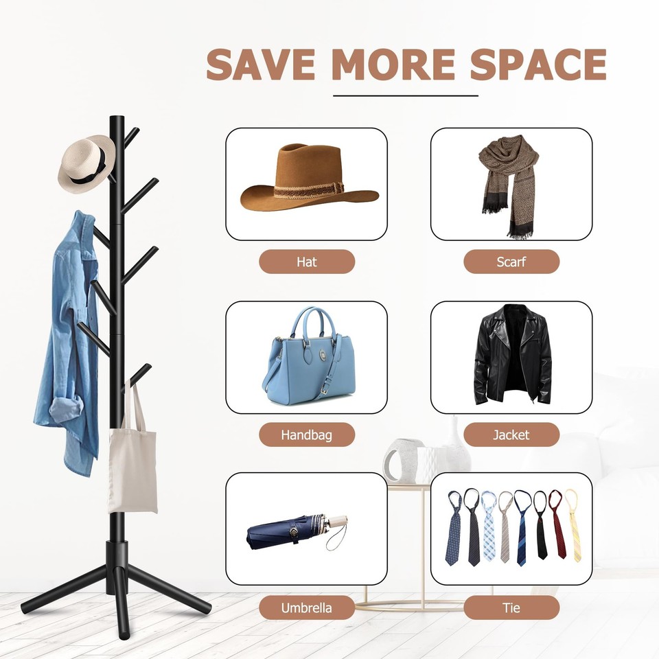 Coat Rack, Coat Racks Freestanding with 8 Hooks 3 Adjustable Heights ...