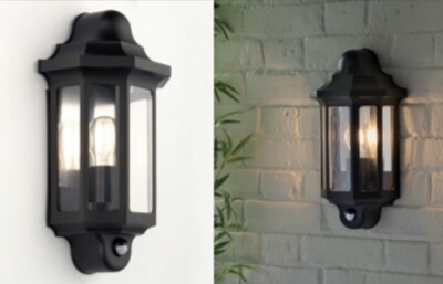 Half Lantern PIR Wall Light 15W LED E27 GLS IP44 Matt Black & Clear PC ...