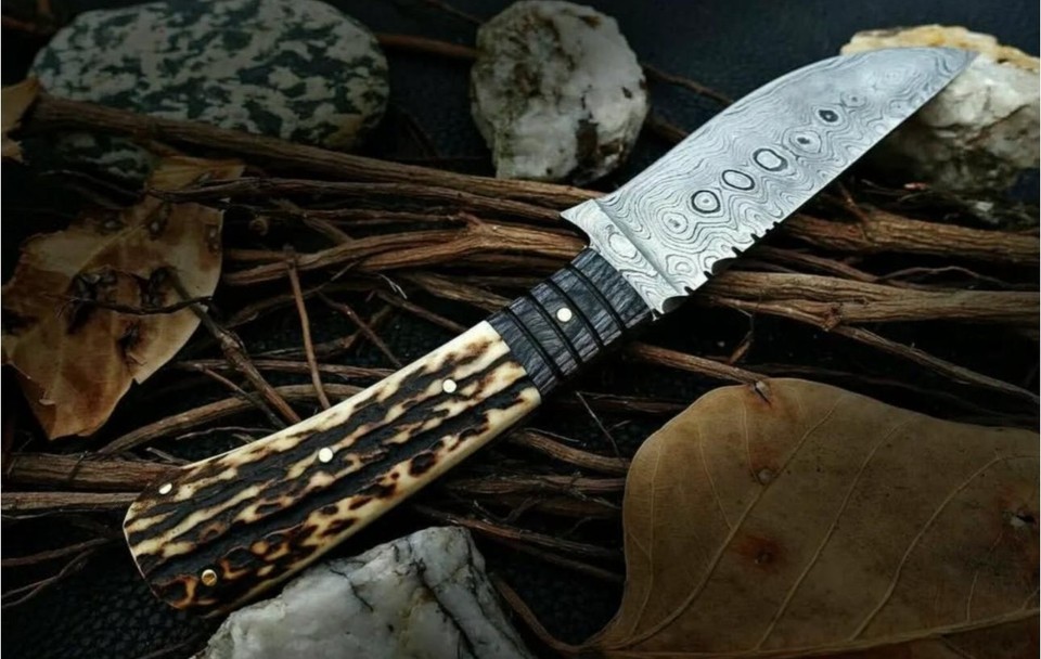 AK CUTLERY CUSTOM HANDMADE DAMASCUS HUNTING KNIFE HANDLE SHEET AND STAG ...