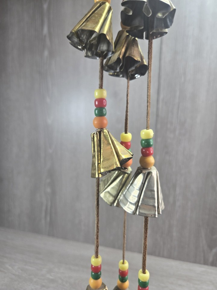 Vintage Tin Can Bells & Beads Tramp Art Windchime Cluster Bells on Cord ...