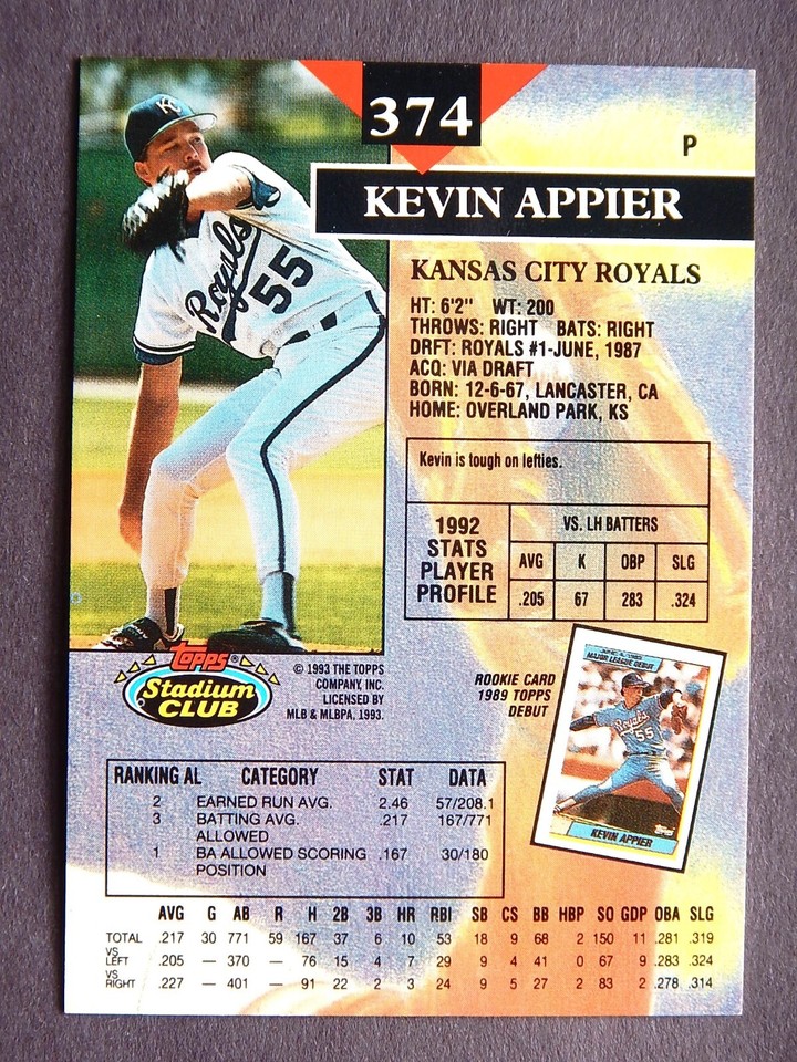 Kevin Appier #374 Topps Stadium Club 1993 Baseball Card (Kansas City ...