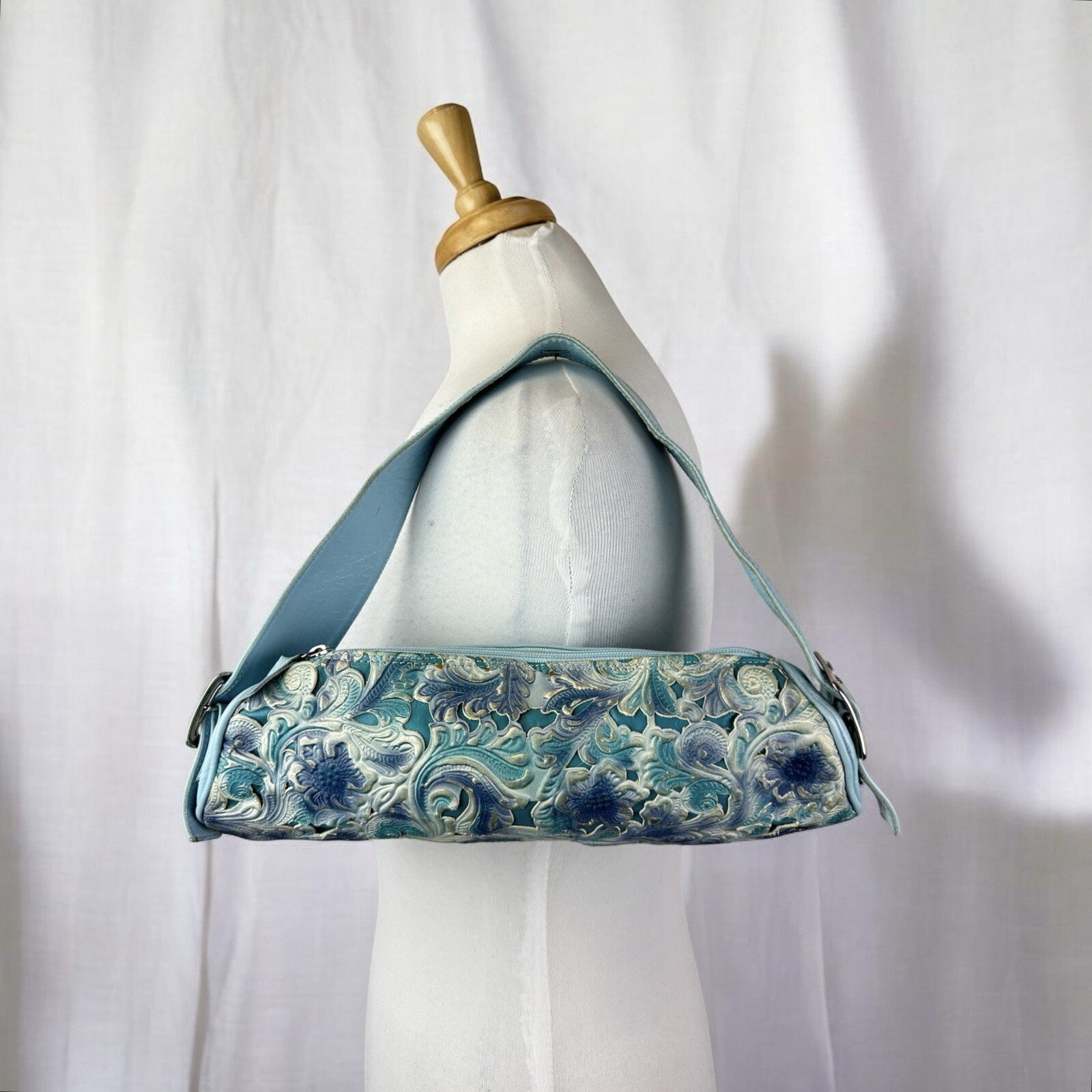 Vera Pella Italian Leather Shoulder Purse 90s Flowers Blue Italy Side ...