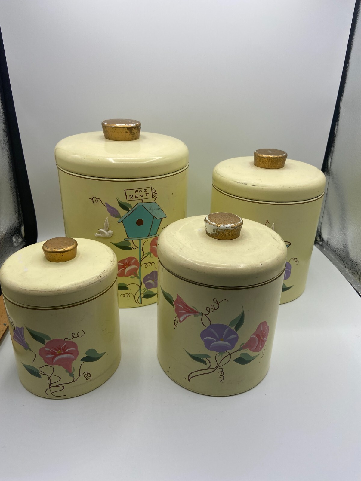 Ransburg Tin Canister Set of 4 - Hand Painted Bird/Garden Scene | eBay