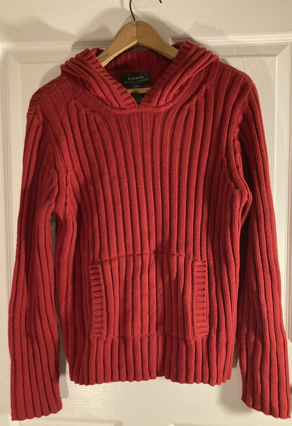 Lauren Ralph Lauren Red Sweater 100% Cotton Knit Hood… - Gem