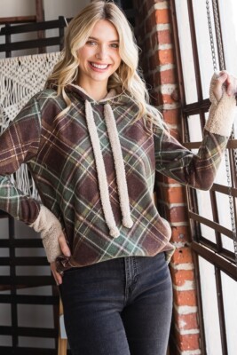 NEW 7th Ray Green Brown Beige Plaid Argyle Sherpa Lined Hooded Top pick ...