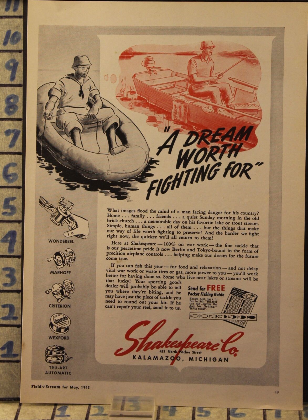 1943 SHAKESPEARE TACKLE WW2 KALAMAZOO FISH SPORT OUTDOOR VINTAGE ART AD ...