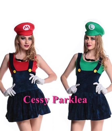 Women Super Mario Luigi Brothers Red Green Plumber Couple's Costume ...