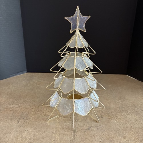 Vintage Capiz Shell Gold Metal Christmas Tree Tea Light Candle Holder ...