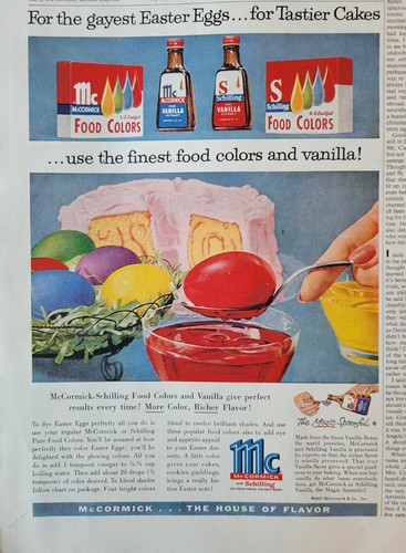 1957 McCormick Schilling vanilla food colors pink cake Easter eggs ad ...