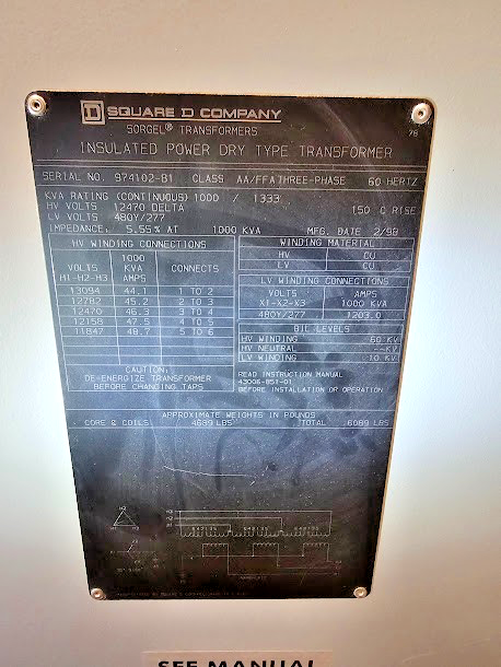 Square D 1000 kVA Dry-Type Power Transformer 12470 480 /277 Volt 3 ...