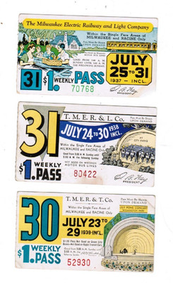 3 Milwaukee Trolley Bus TRANSIT TICKET Passes July 1937 1938 1939 TMER ...