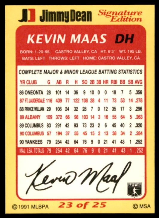 1991 Jimmy Dean Baseball #23 Kevin Maas New York Yankees MINT | eBay