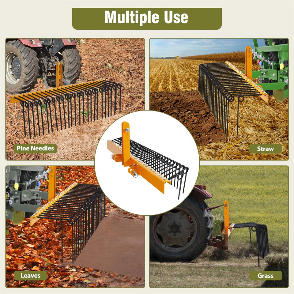 60 Inch Pine Straw Rake 26 Coil Spring Tines Durable Powder Coated 3 ...