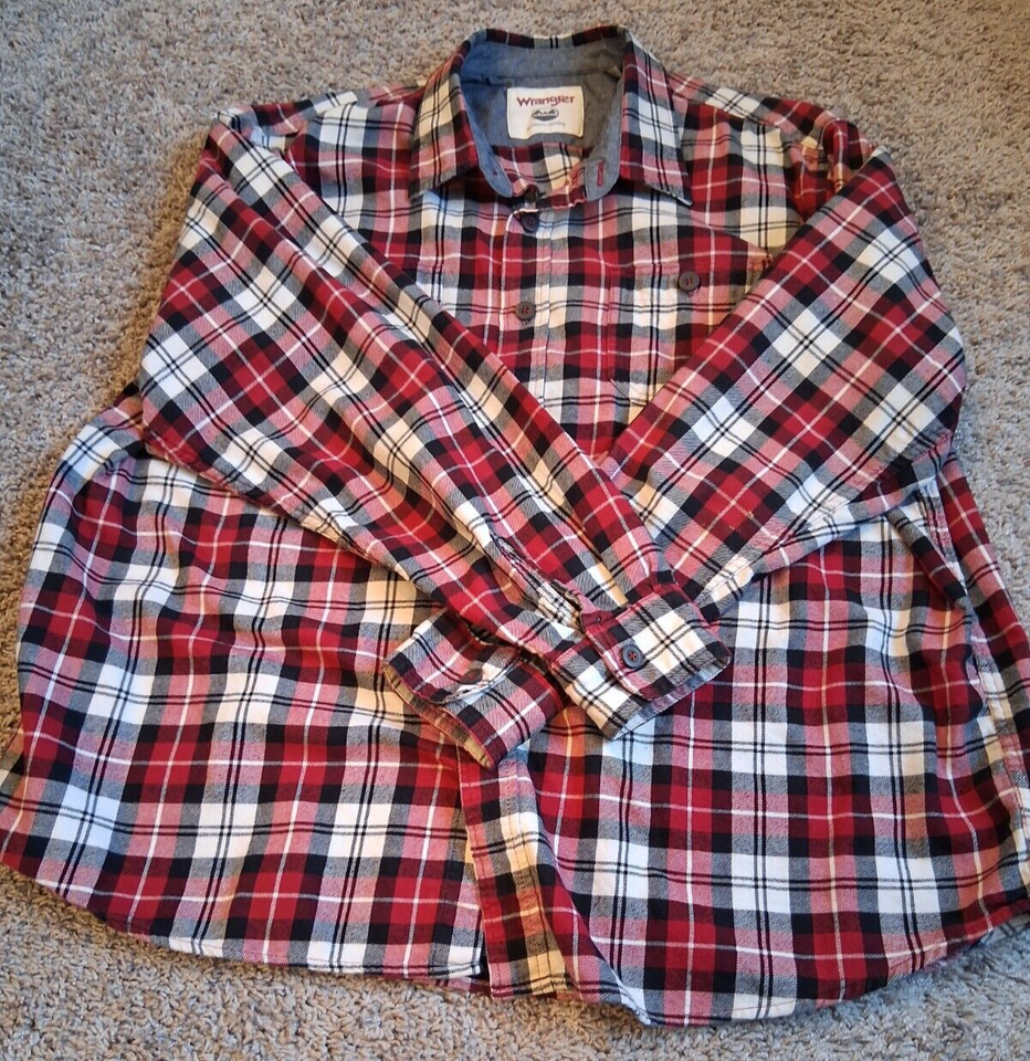 VTG Wrangler Premium Quality Western Flannel Shirt Mens 2XL Red Plaid ...