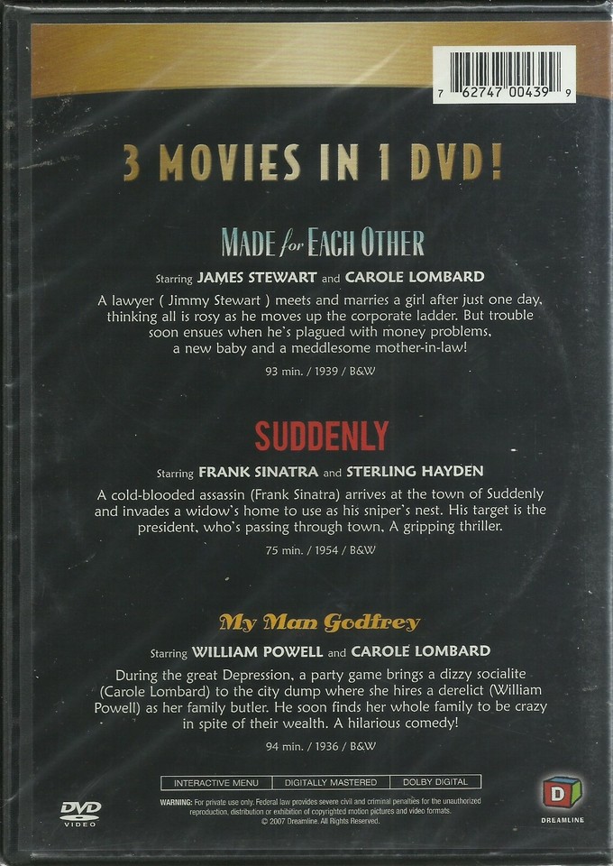 Made For Each Other / Suddenly / My Man Godfrey - 3 Movies (DVD, 2007 ...