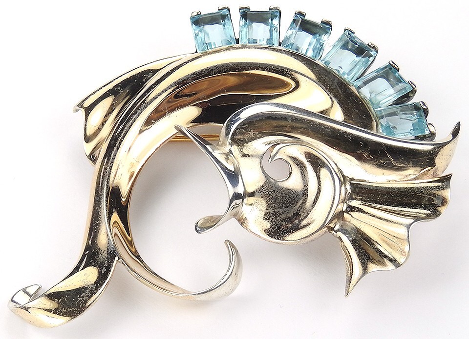 MB Boucher Sterling Gold and Square Cut Aquamarines Swirling Fish Pin ...